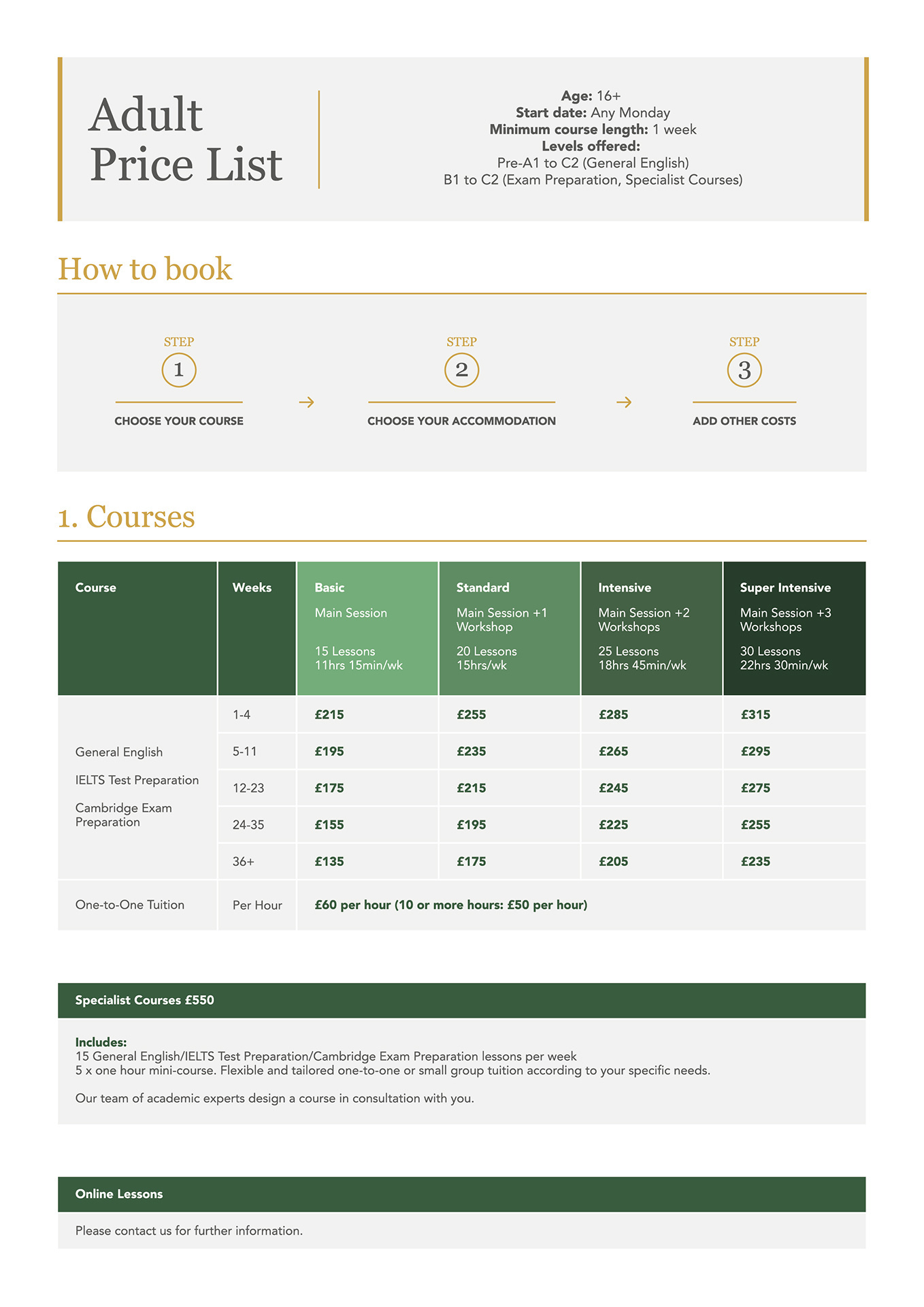 Adult Price List 2023 - The Burlington School of English London